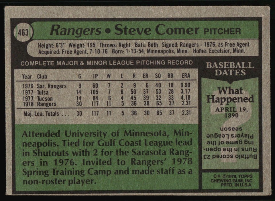1979 Topps Steve Comer Rookie #463 Texas Rangers | eBay