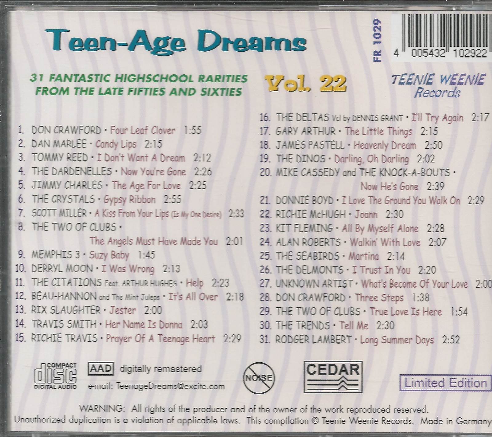 TEENAGE DREAMS CD - Volume 22 Brand New 31 Tracks on Teenie Weenie | eBay