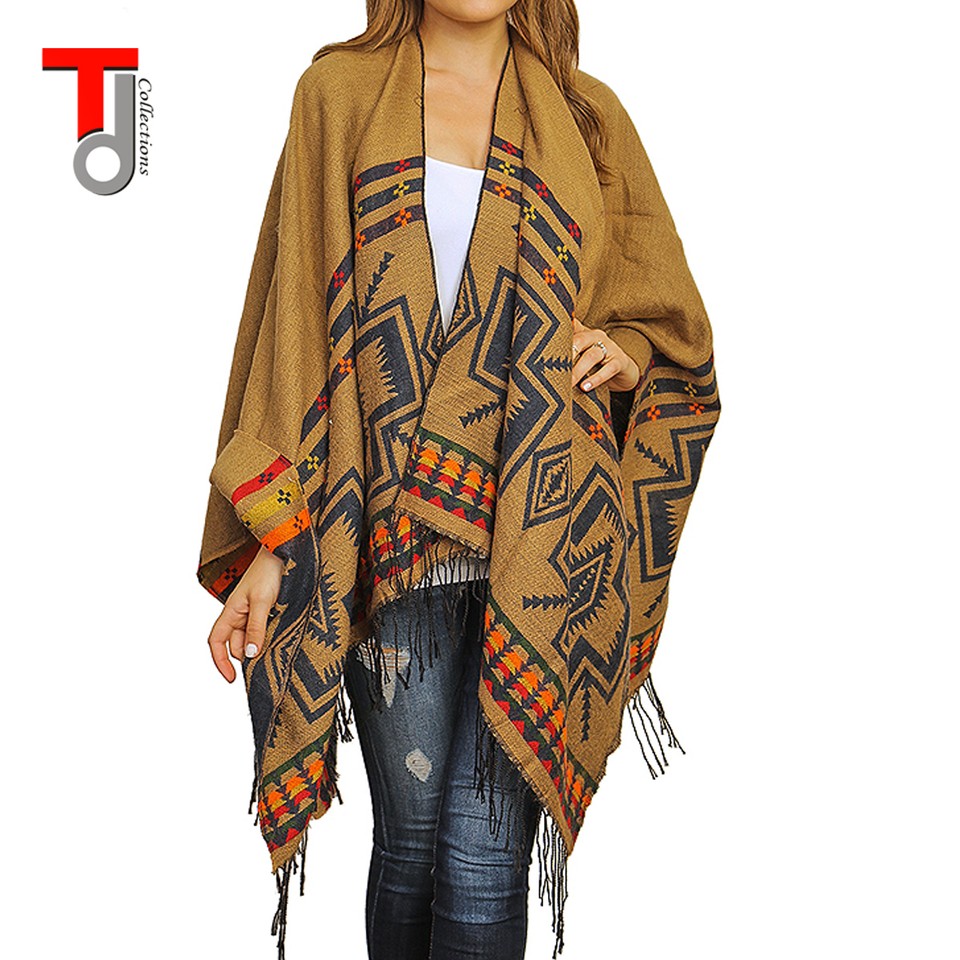 Winter Aztec Kimono New Print Fringed Colorful Oversize Poncho Blanket ...