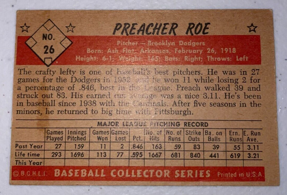 1953 Bowman Black and White #26 Preacher Roe | eBay