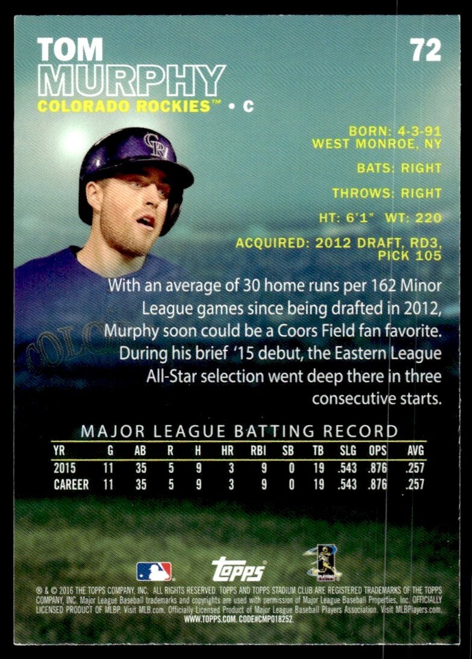 2016 Stadium Club Baseball Tom Murphy Rookie Auto Colorado Rockies #72 ...