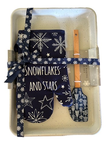 Matching Baking Set Pan, Oven Mitt, Spatula “Snowflakes n Stars” Winter ...