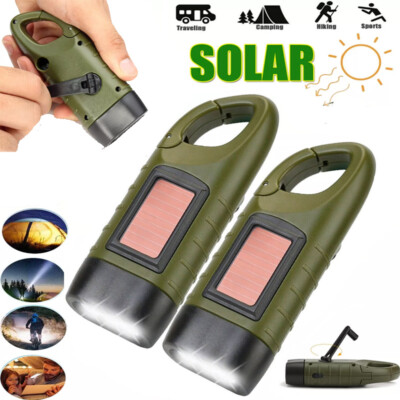 2PCS LED Torch Solar Hand Crank Flashlight Wind Up Super Bright Camping ...