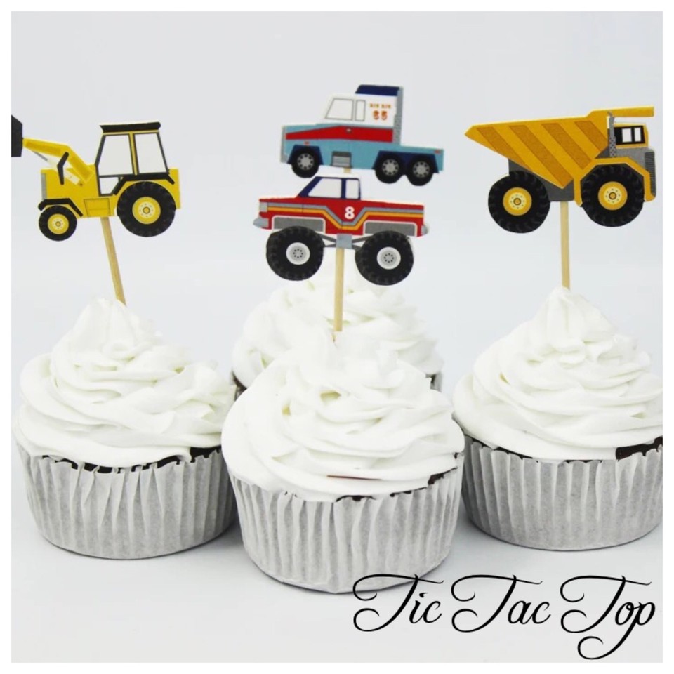 12 x Construction Truck Digger Cupcake Toppers Picks. Party Supplies ...