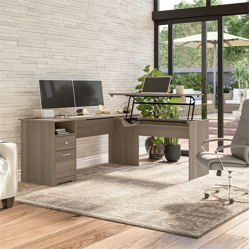 Cabot 72W 3 Position Sit to Stand L Desk in Ash Gray - Engineered Wood ...