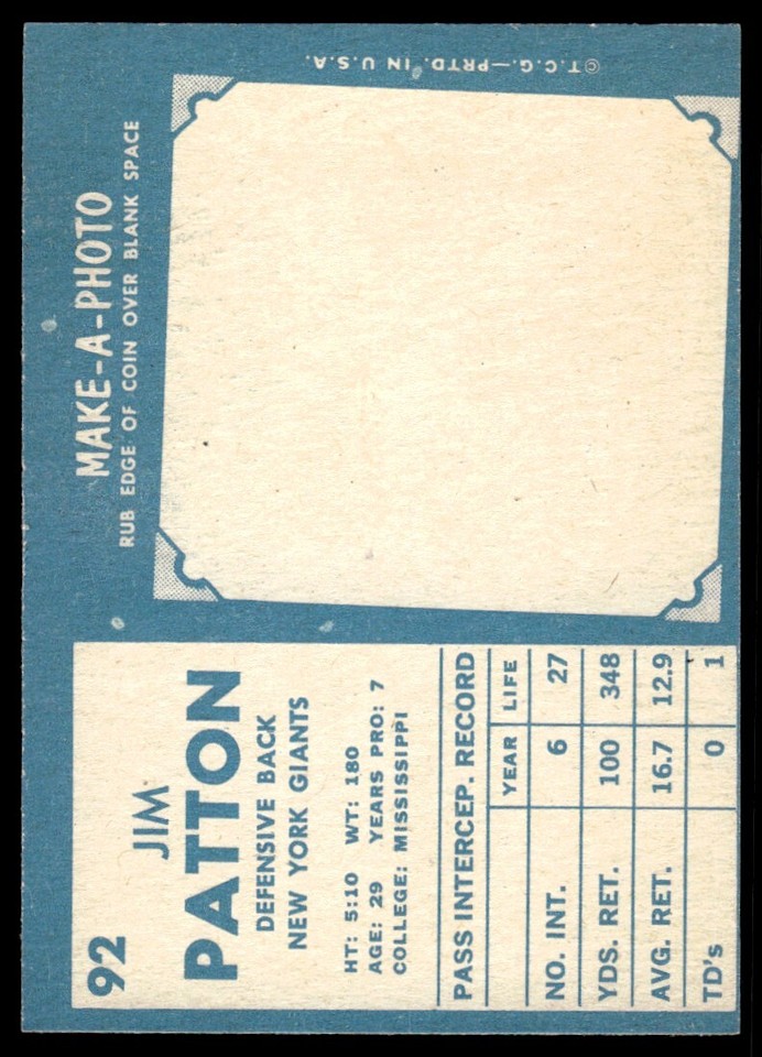 1961 Topps Jim Patton * New York Giants #92 | eBay