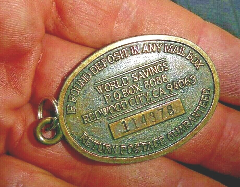 VINTAGE METAL BANK TAG WORLD SAVINGS REDWOOD CA 114378 GOLDEN SAVERS ...