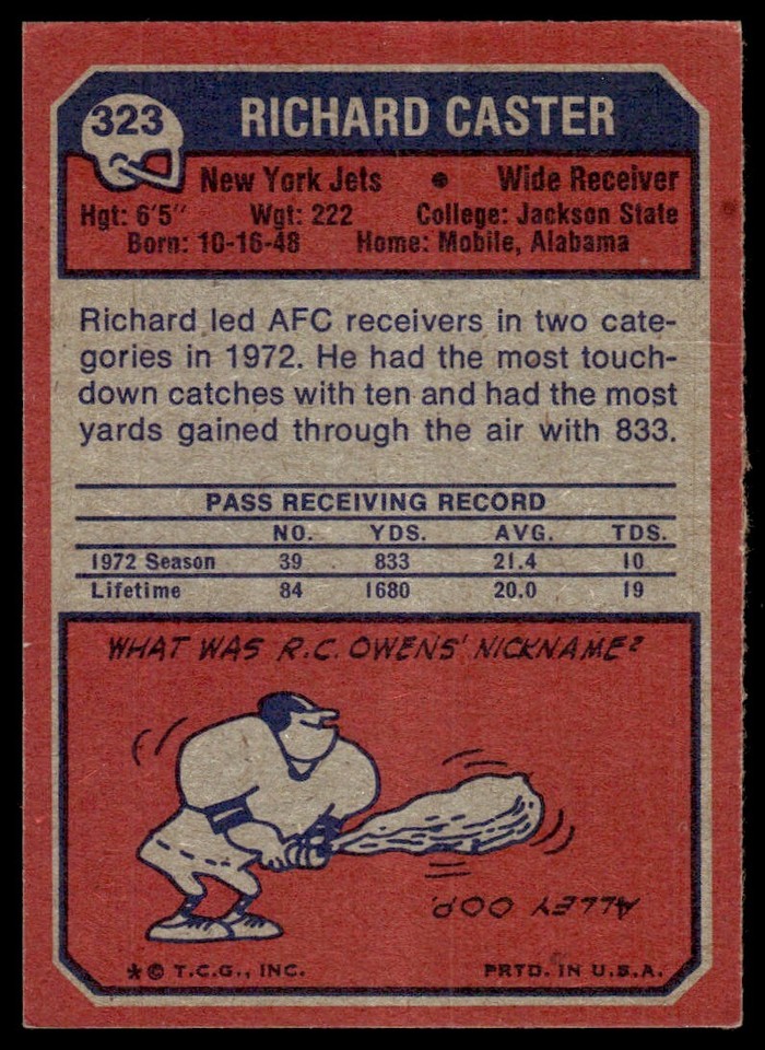 1973 TOPPS RICHARD CASTER NEW YORK JETS #323 | eBay