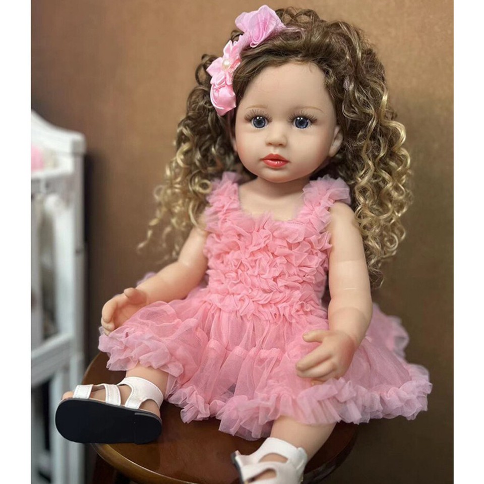 22 inch Reborn Doll Toy Cute Girl Doll Silicone Vinyl Body Curly Hair ...