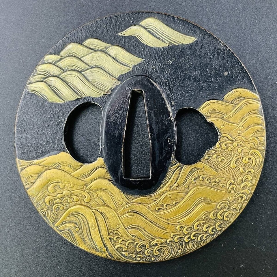 Japanese Antique Edo Tsuba Wave Plovers Design Gold Silver Copper Sword ...