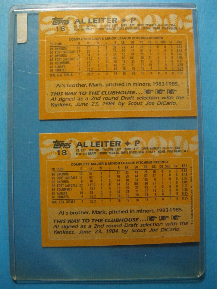 1988 Topps Future Star Baseball Card #18 Al Leiter Error & Corrected NY ...