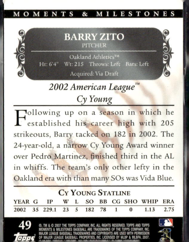 2007 Topps Moments & Milestones 14/29 #49 Barry Zito (I) Oakland ...
