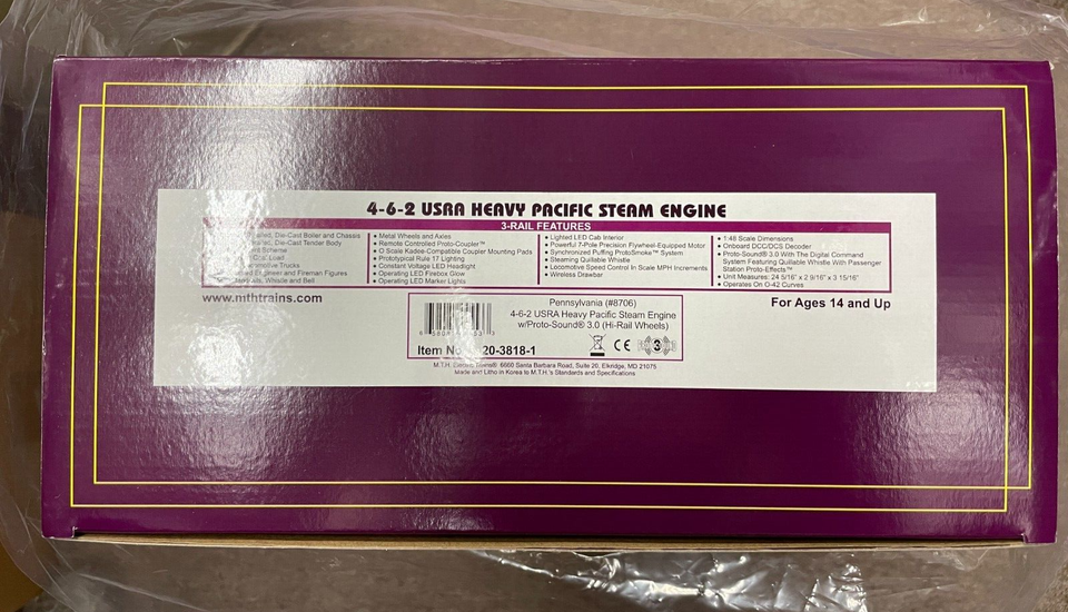 MTH 20-3818-1 Pennsylvania PRR Green Pacific 4-6-2 Steam #8706 w/Tender ...