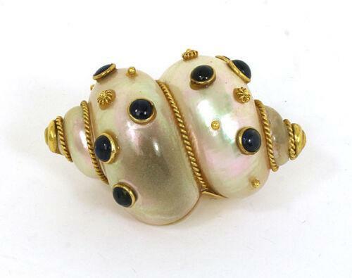 Designer Signed 5.00ct Sapphire 18k Yellow Gold Sea Snail Shell Pin ...