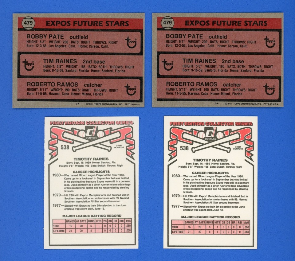 Lot of 4: 1981 Topps / Donruss TIM RAINES Rookie Cards ~ NM-NM/MT ~ HOF Expos ~ | eBay