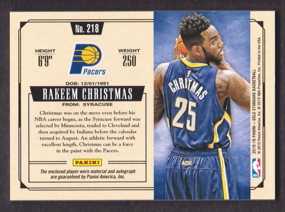 2015-16 Gold Standard Basketball #218 Rakeem Christmas RC Auto Jrsy ...
