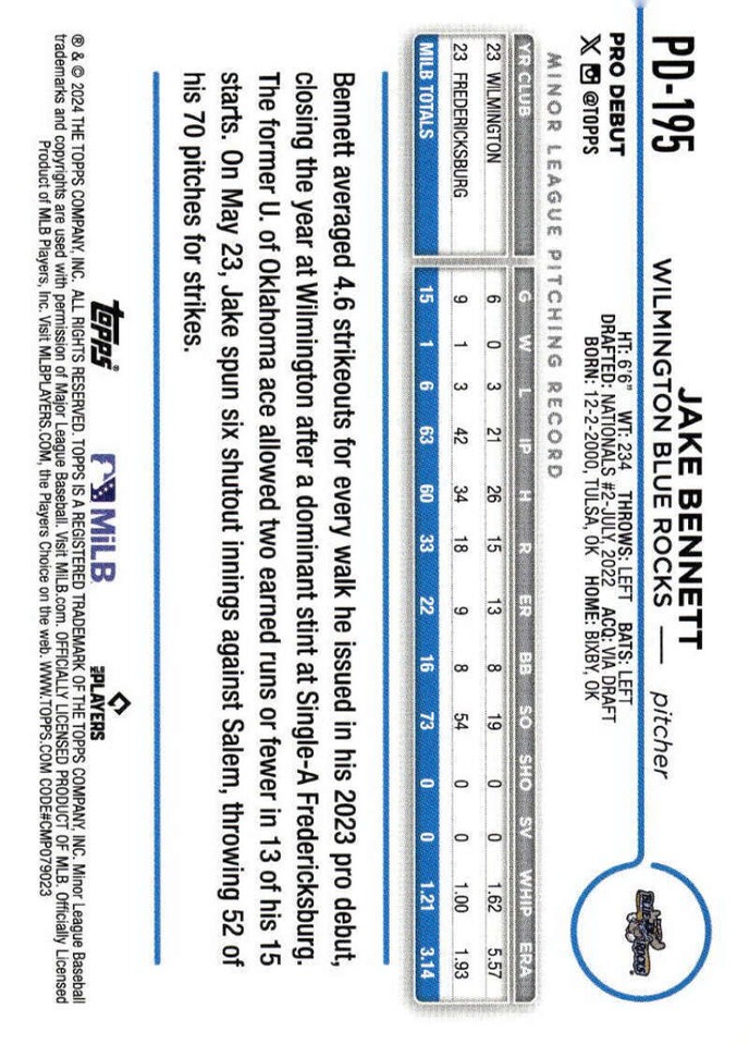 Jake Bennett RC 2024 Topps Pro Debut #PD-195 Pre-ROOKIE MLB ID:114870 ...