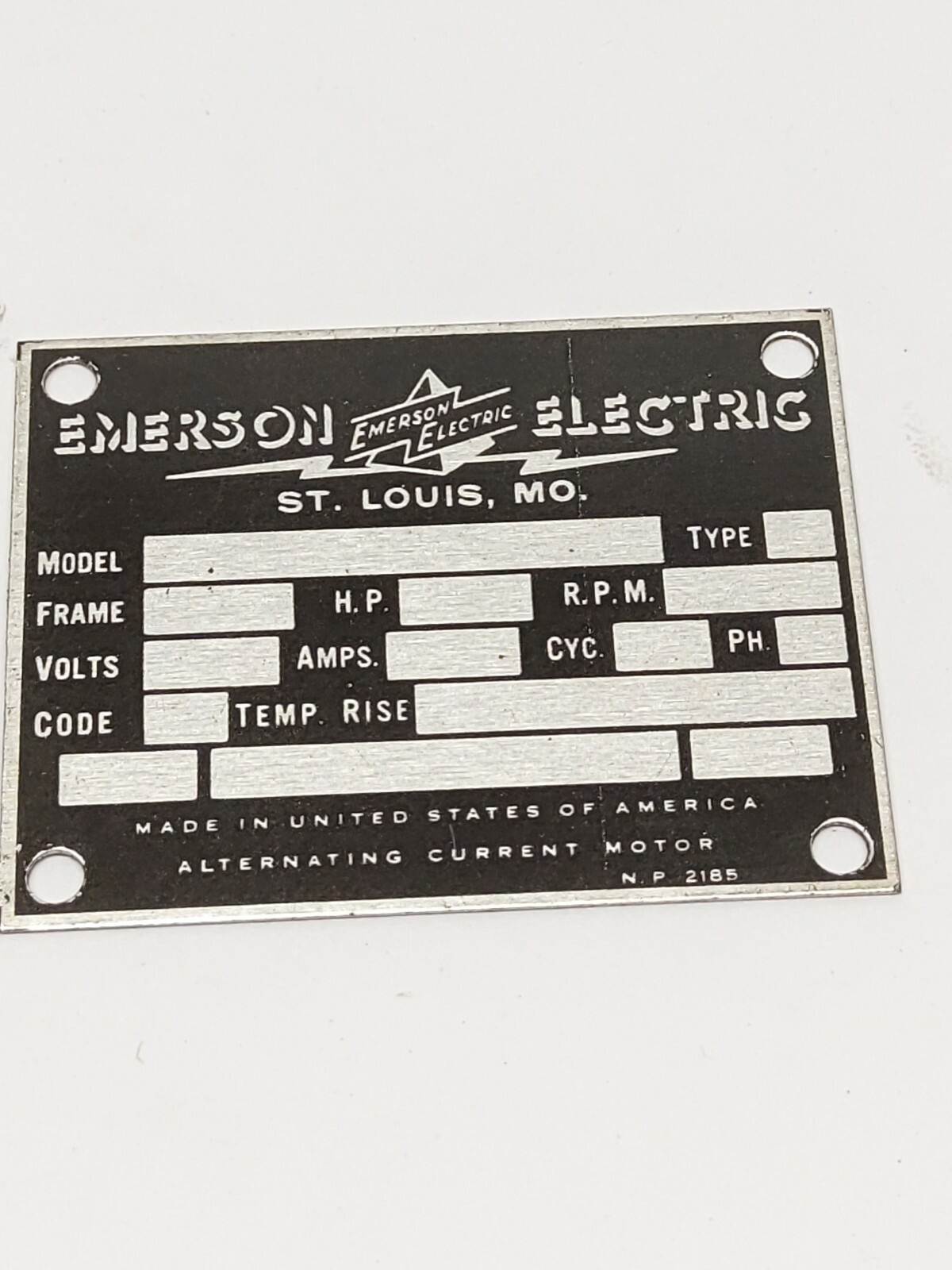 VINTAGE EMERSON ELECTRIC MOTOR NAMEPLATE (NOS) | eBay