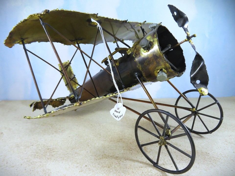 Handcrafted Brass Metal Biplane Sculpture Brutalist Art Soldered Burnt ...