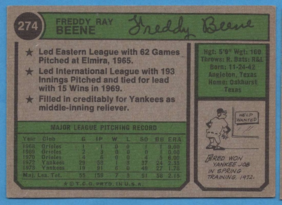 1974 Topps Fred Beene #274 New York Yankees | eBay