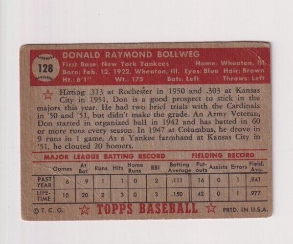 1952 Topps Baseball Card 128 Don Bollweg Wheaton IN YANKEES NICE! see ...