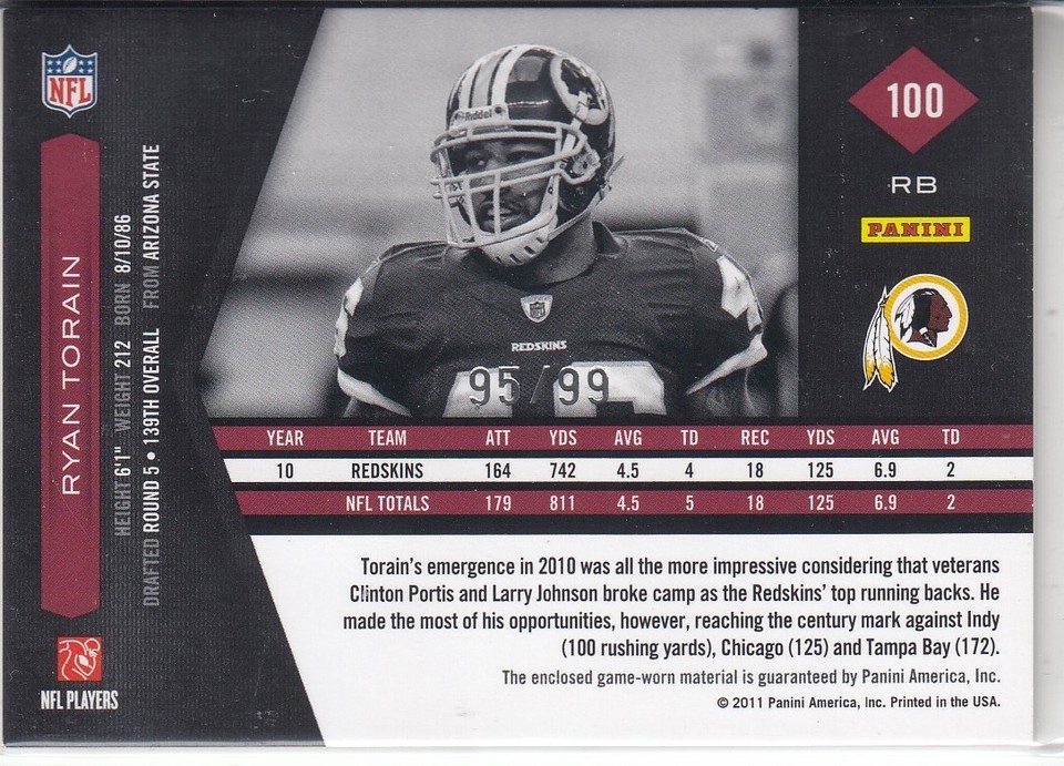 RYAN TORAIN 2011 Panini Limited Threads #100 95/99 Redskins | eBay