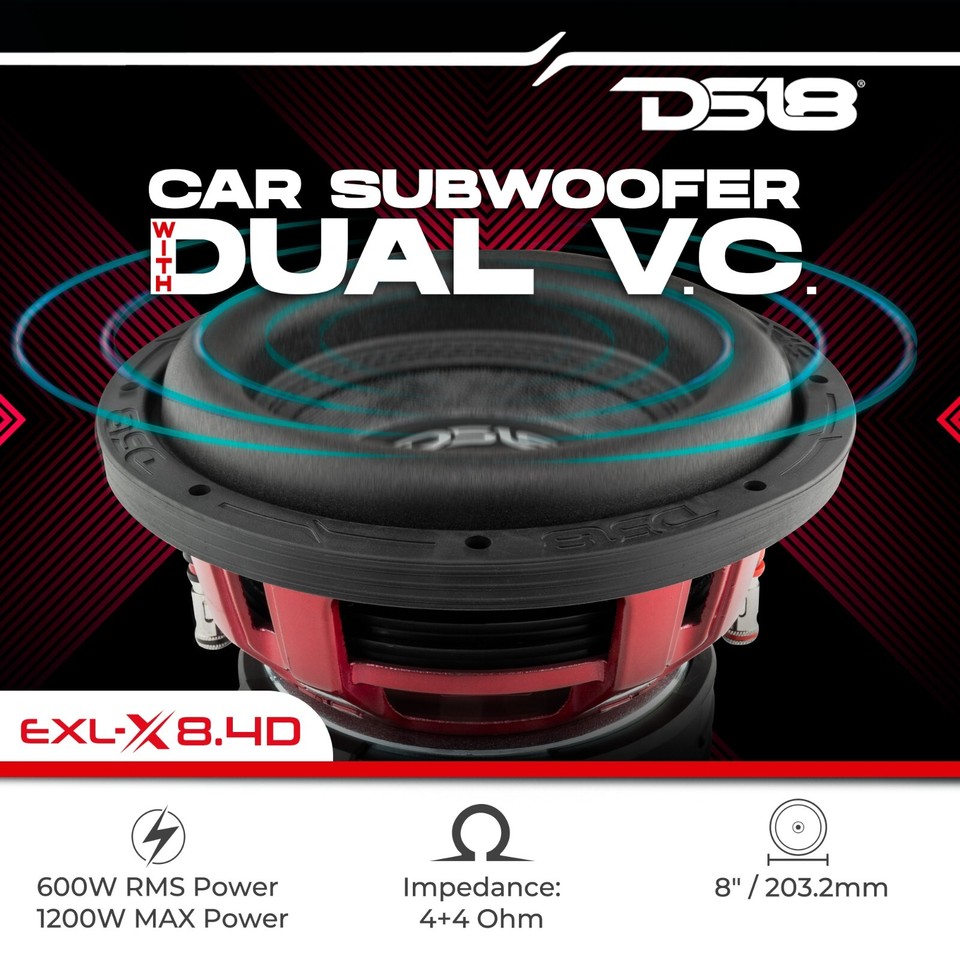DS18 EXL-X8.4D 8" Car Audio Subwoofer Dual 4-Ohms 1200W Max, 600W RMS ...