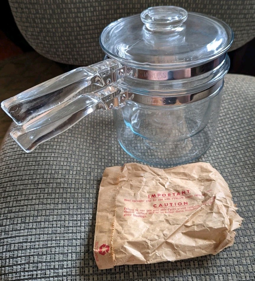 VTG Clear Glass Pyrex # 6283 Flameware Double Boiler W/Lid 1.5qt Heat ...