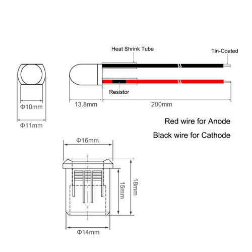 20Set DC12V 10mm Pre Wired LED w Holder Red Light Clear Lens 14mm Panel ...