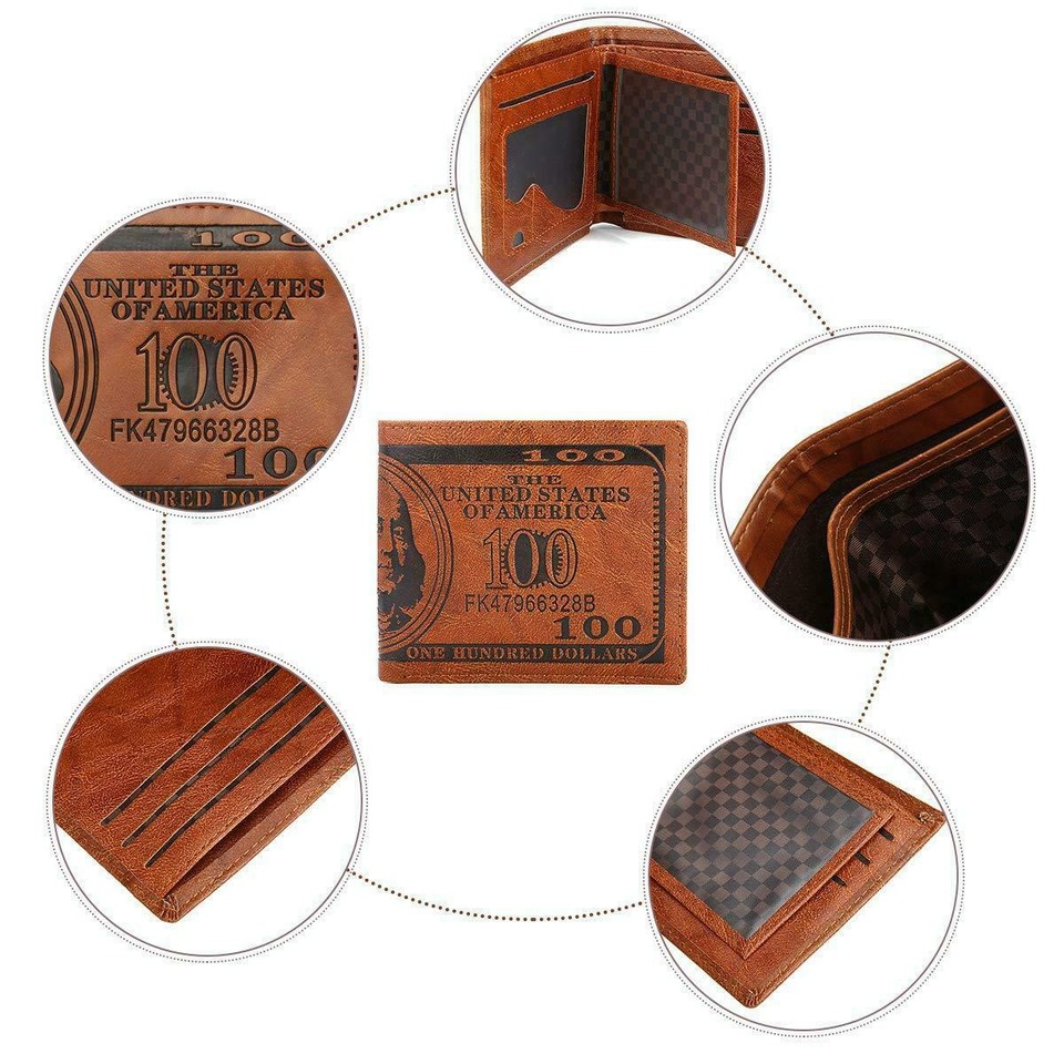 Mens Leather Wallet Bill Money Billfold US 100 Dollar Safe Purse Bifold ...