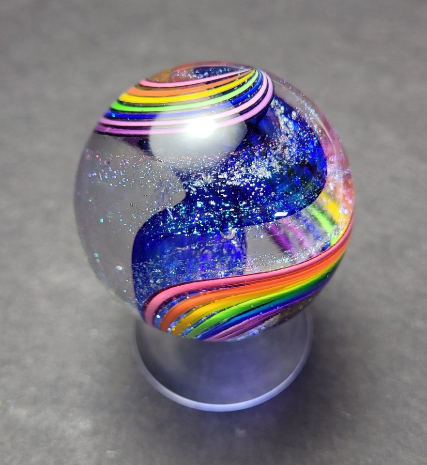 1.6" Dichroic Rainbow Swirl Glass Marble with Blue Ribbon Core ...