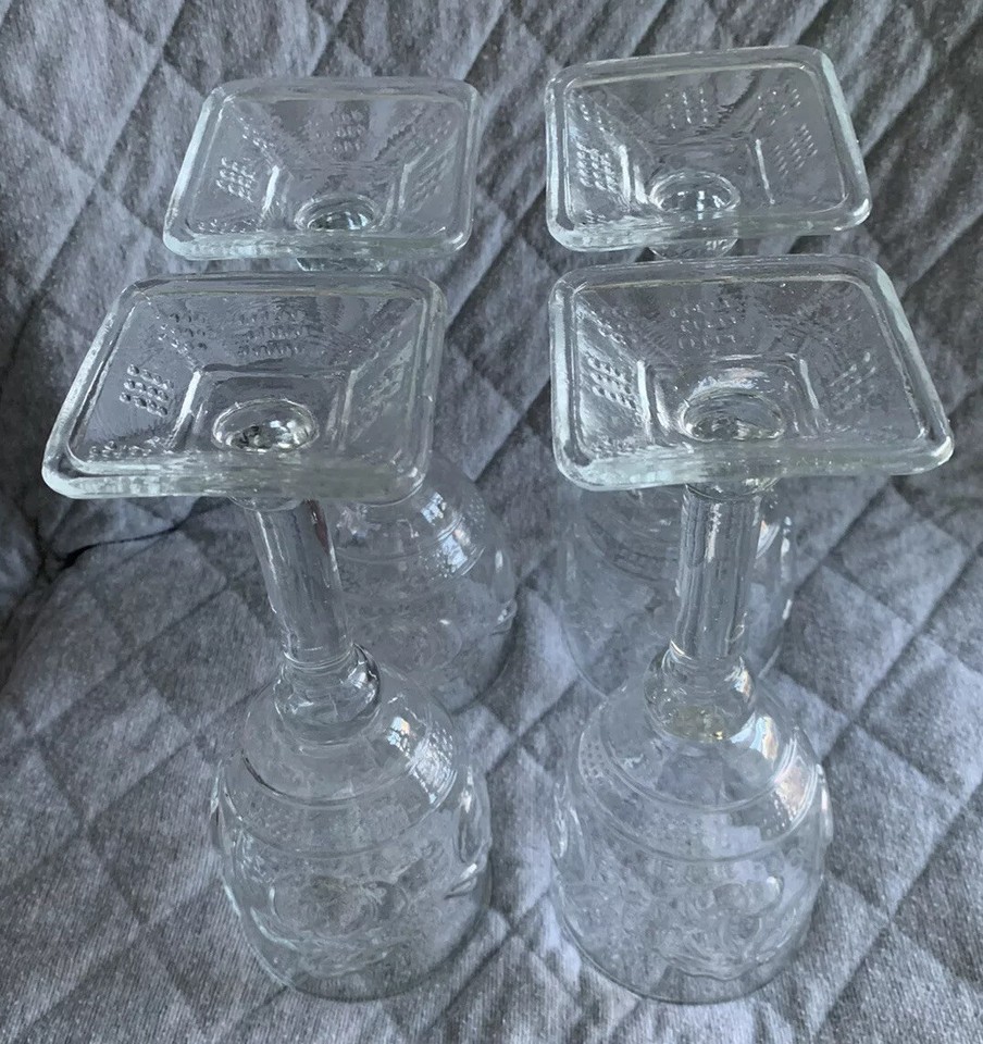 TALL EMBOSSED FRUIT 4 CLEAR GLASS PEDESTAL GOBLETS WATER WINE SQUARE ...
