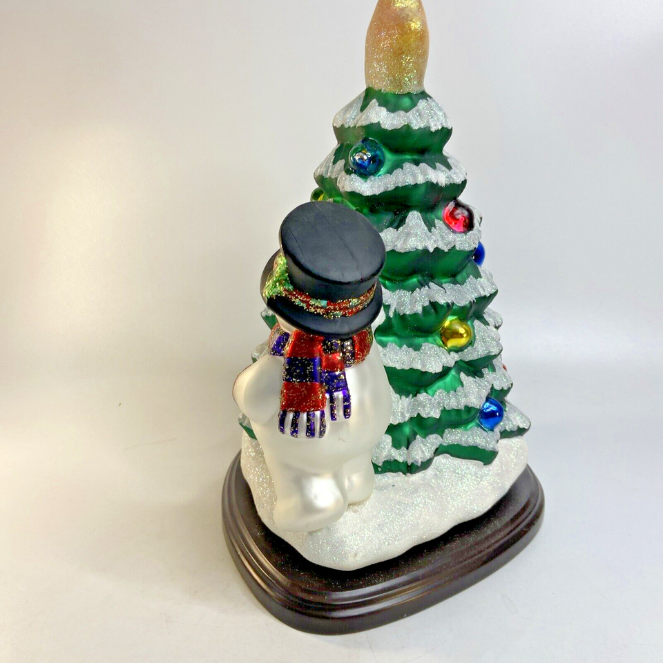 Glass Frosty Snowman W/ Christmas Tree Wood Base Tabletop Hand Painted ...