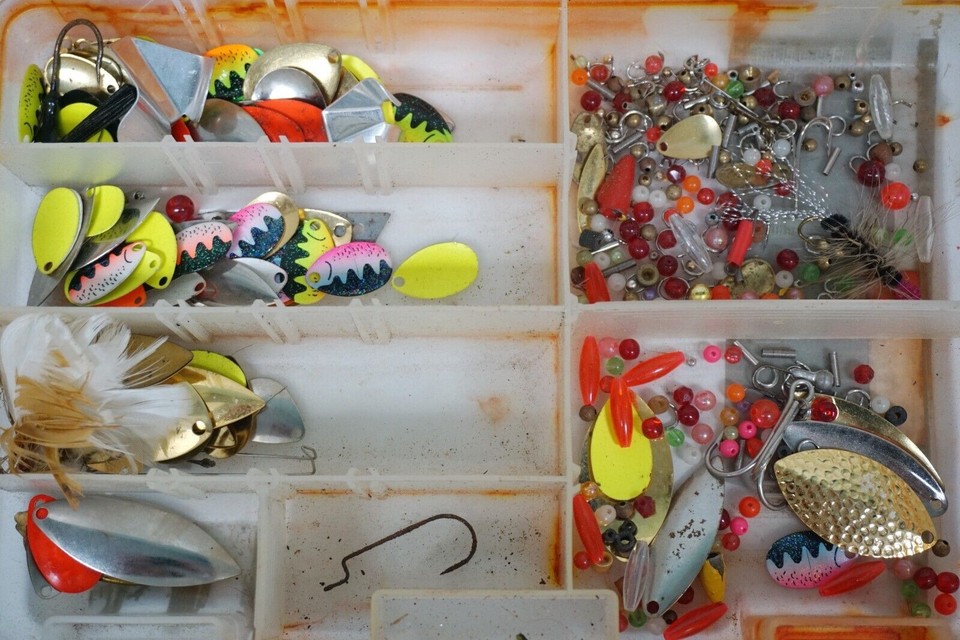 Loaded Tackle Box Hooks Bait Box Hook Remover Dip Net Spinners Fluke ...