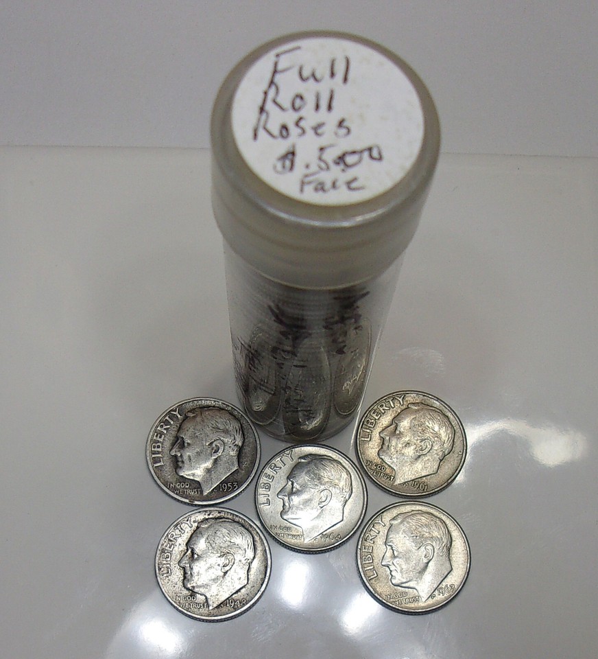 Roosevelt Dimes Full Roll of 50 90% Silver U.S. Dimes in VG+ Shape Not ...
