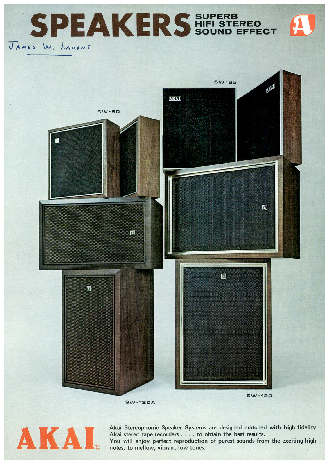 Akai SW-130 -120A -50 -65 Speaker Dealer Data / Spec Sheet Brochure ...