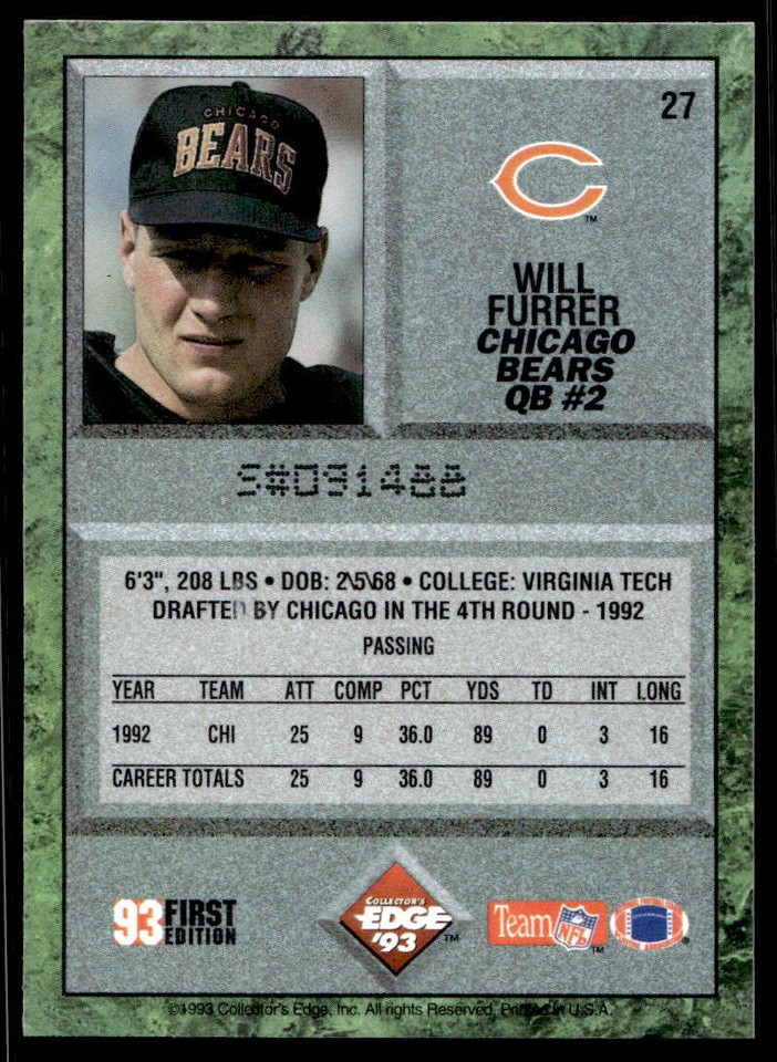 1993 Collector's Edge 27 Will Furrer Chicago Bears SN100000 Football ...