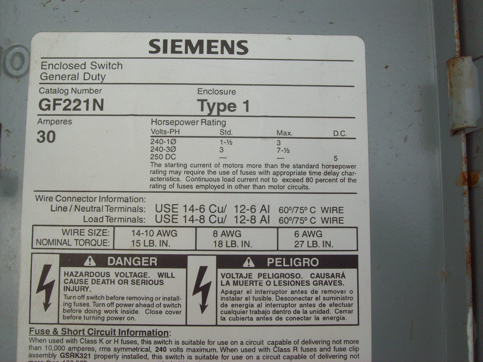Siemens GF221N Saftey Switch 30AMP 2 Pole 240VAC | eBay