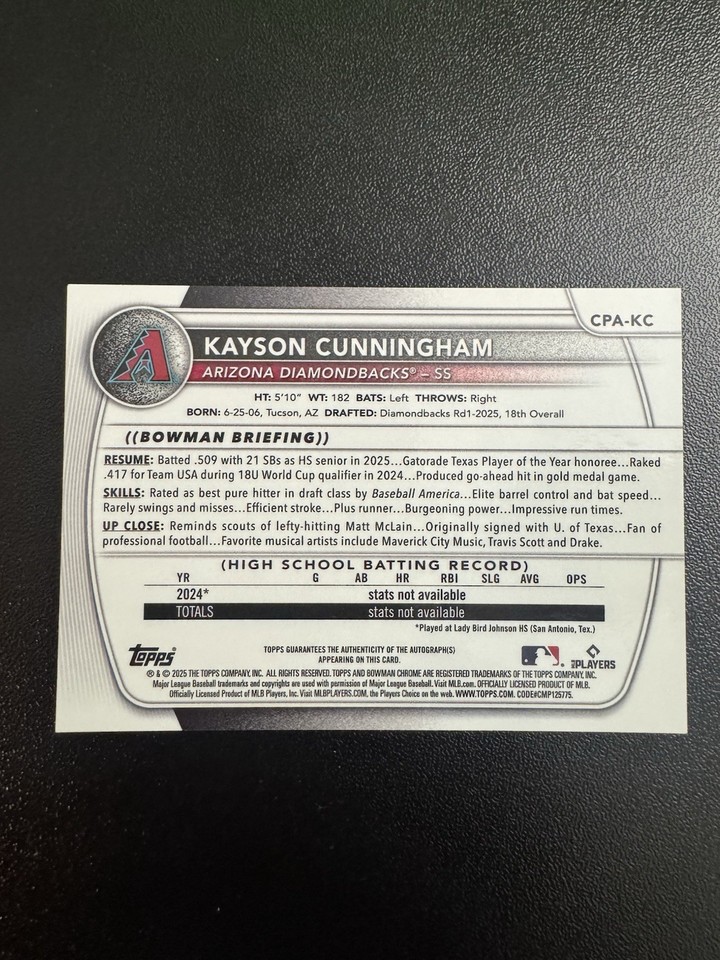2025 Bowman Draft Kayson Cunningham Black Refractor Auto #4/10 ...