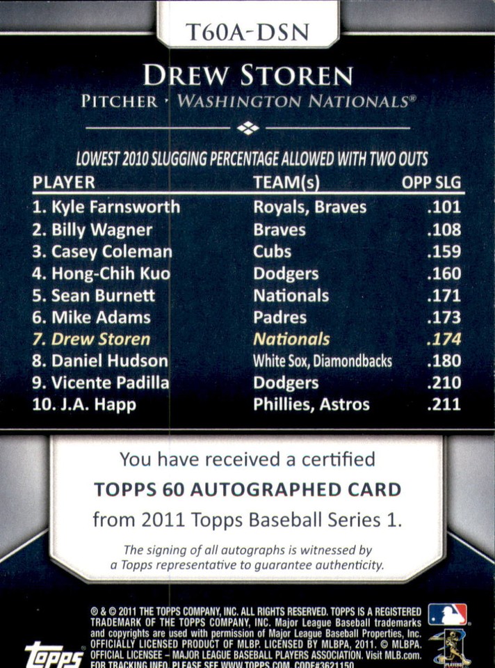 2011 Topps 60 Autographs #DSN Drew Storen EXCH Auto Card | eBay