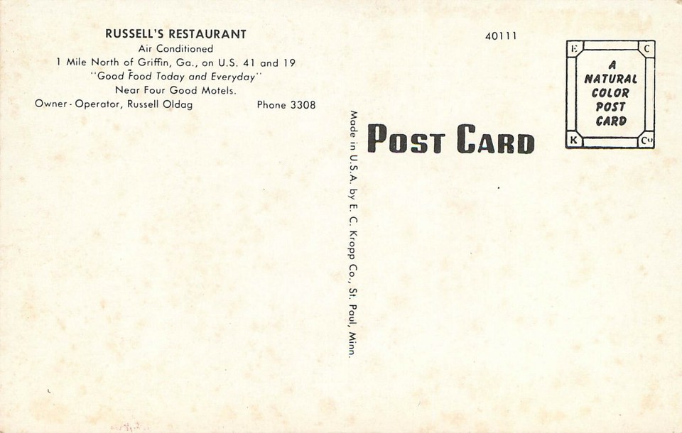Interior Postcard Russell's Restaurant Griffin GA Four Good Motels | eBay