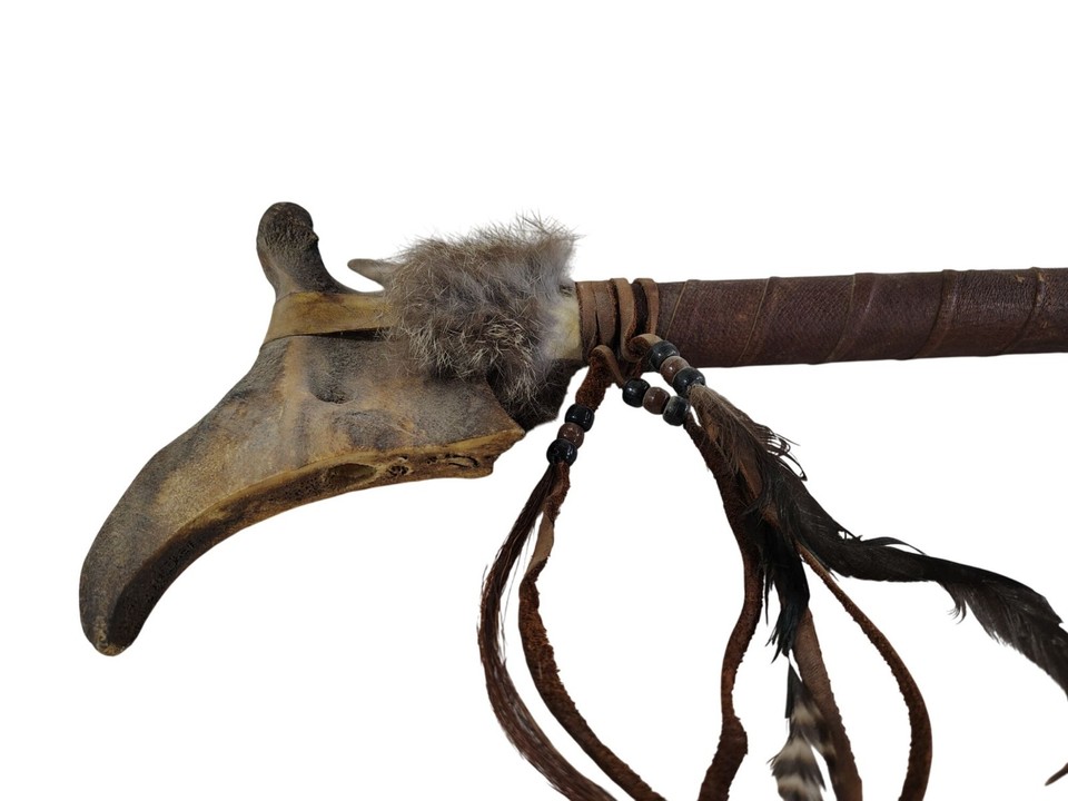 Vintage Antique Native American 25" Bone Tomahawk Metal Spear Sinew Fur ...