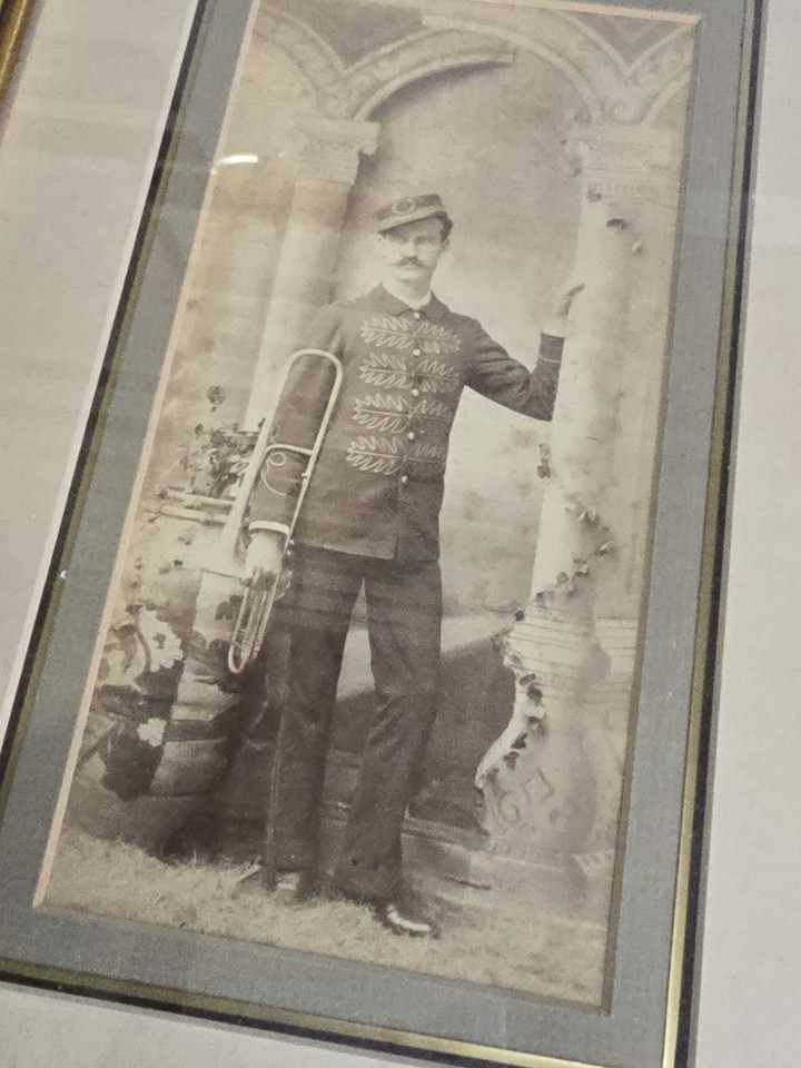 Antique Cabinet Photo Trombone Player Band Uniform Studio Portrait ...