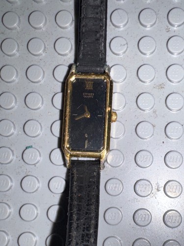 Vintage Citizen Quartz Watch Gold Rectangular Case Black Dial Roman ...