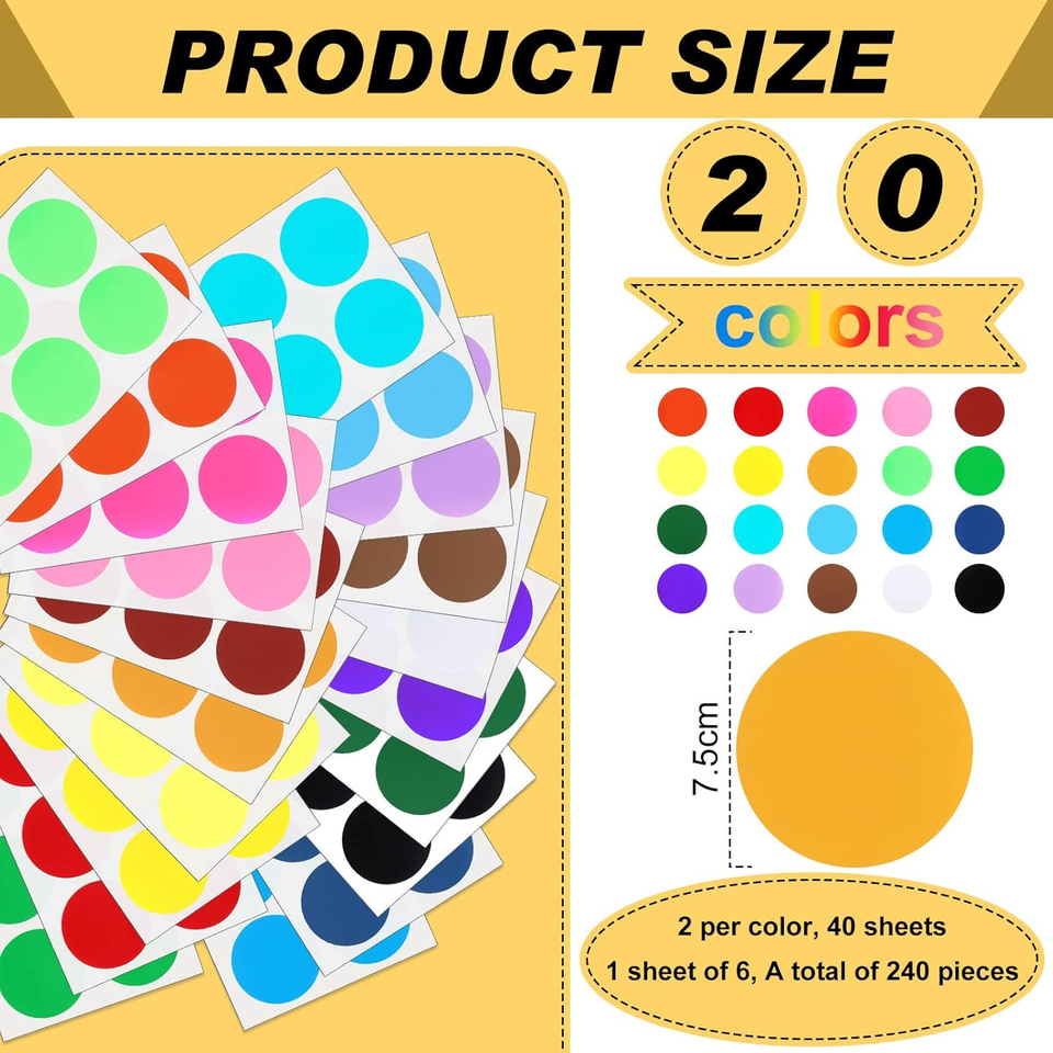 240 Pieces 3 Inch 20 Colors Colored Labels round Stickers Colored Dot ...