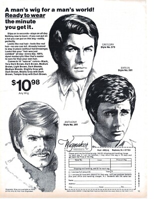 1972 MENS WIGS VINTAGE PRINT AD, WIGMAKER WIGS READY TO WEAR FOR MEN ...