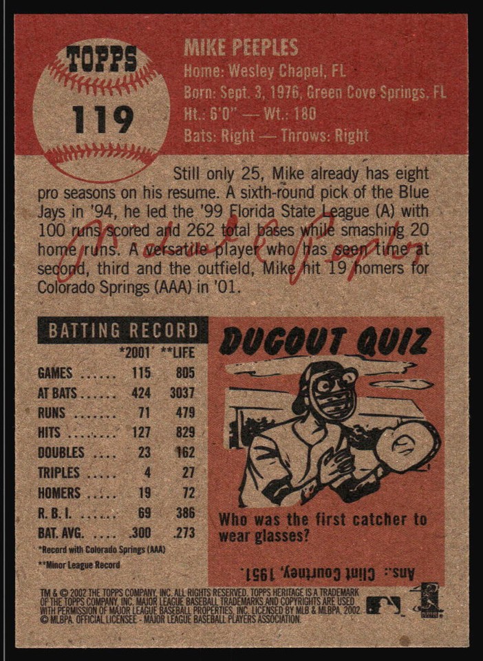 2002 Topps Heritage Mike Peeples Rookie #119 Colorado Rockies | eBay