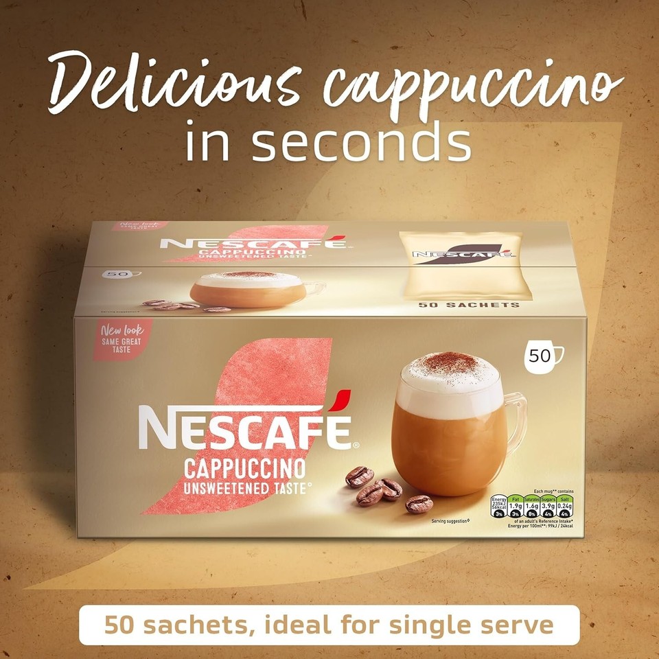 NESCAFÉ Cappuccino Unsweetened Taste Instant Coffee Sachets- 50 x 14.2g ...