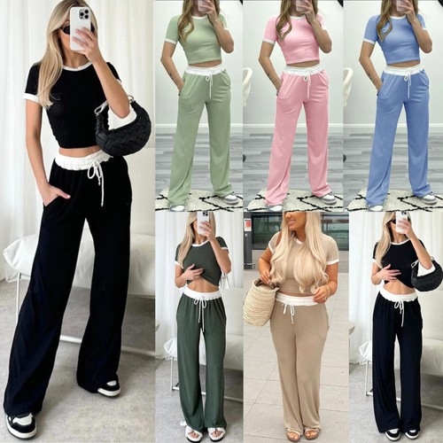 Ladies Women's ribbed contrast cap sleeve crop top trouser two piece Co ...