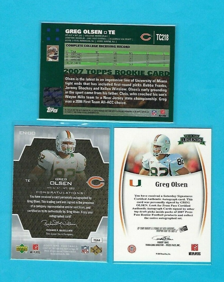 3 Card Lot - 2007 GREG OLSEN Chicago Bears Rookie Autographs | eBay